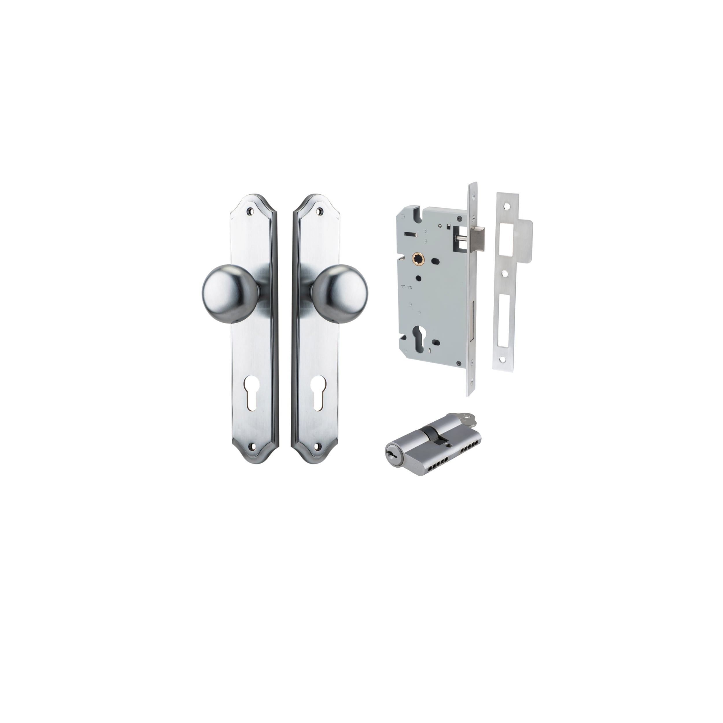 Cambridge Knob - Shouldered Backplate Entrance Kit with High Security Lock (Key/Key) - Brushed ...