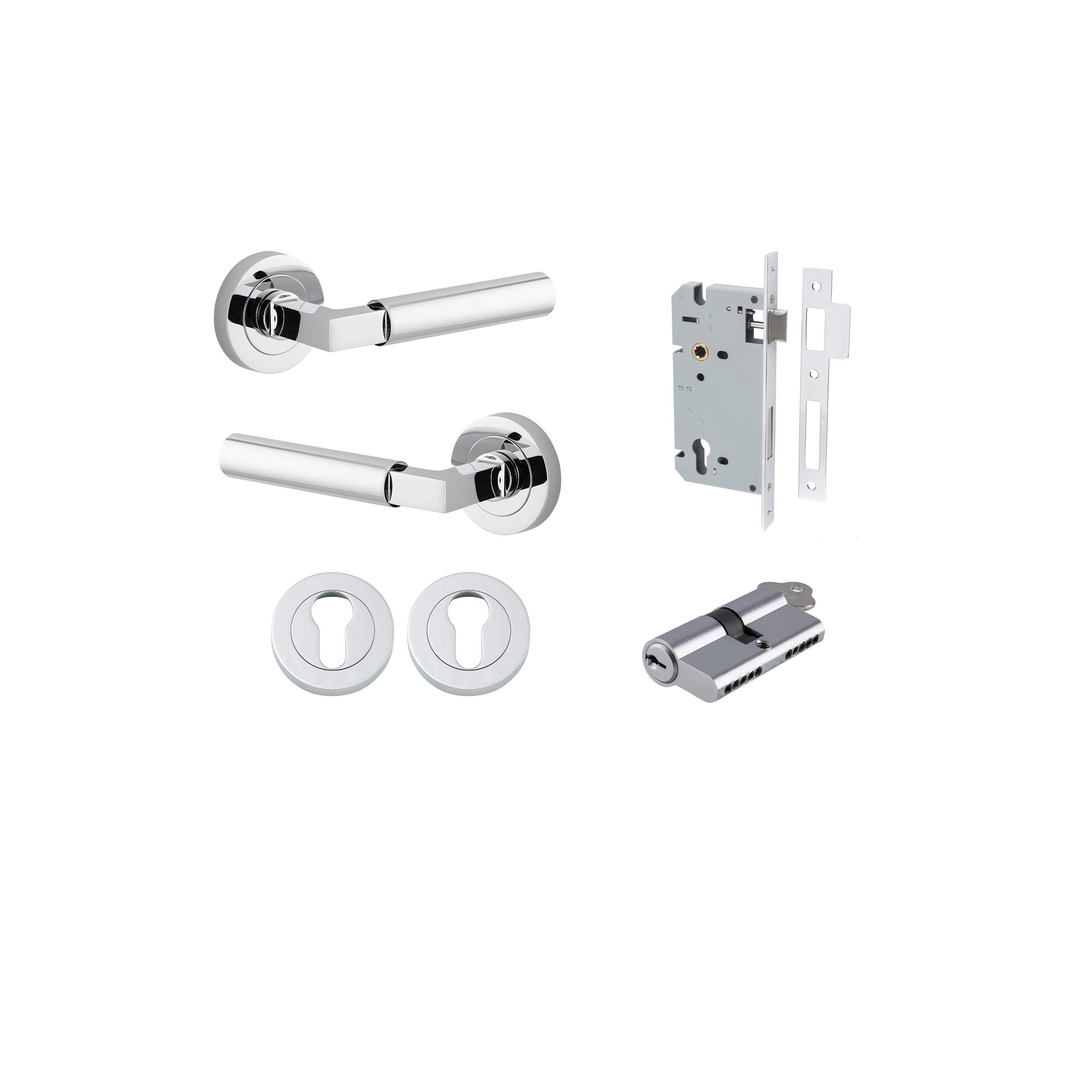 Berlin Lever - Round Rose Entrance Kit with High Security Lock (Key/Key) - Polished Chrome - Iver